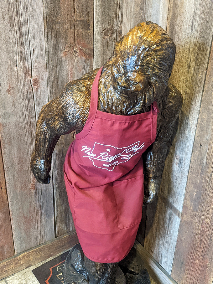 Even Bigfoot knows better than to miss out on New Riegel's famous food, sporting his own apron like the unofficial mascot of this beloved institution.
