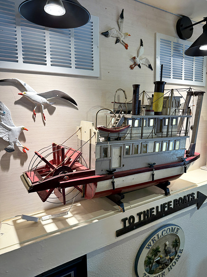 The model steamboat display with seagulls in flight captures the whimsical maritime spirit that makes dining at Tony's feel like a delightful escape from the ordinary.