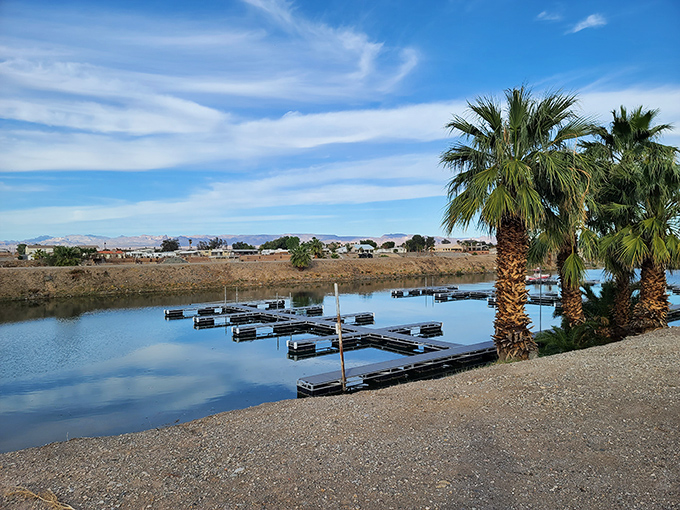 Boat docks wait patiently for weekend captains, offering gateway adventures on the Colorado River. Water access: the desert's most valuable real estate amenity.