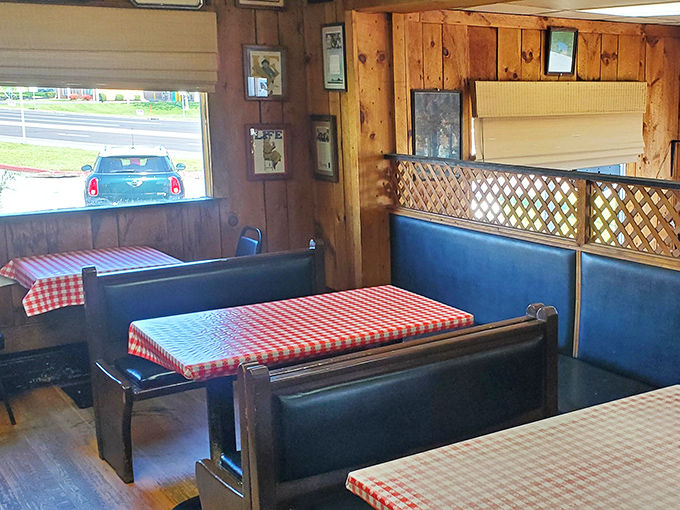 These booths have that perfect worn-in comfort that says "stay awhile" without actually having to say it.