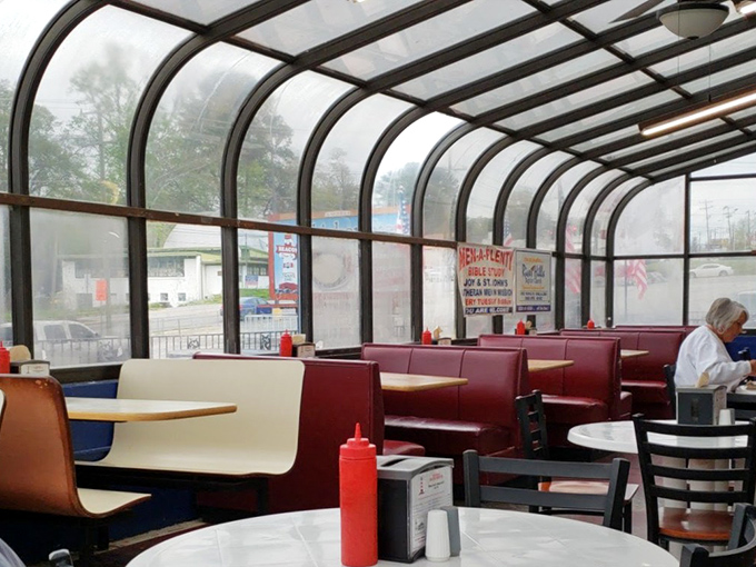 The curved glass ceiling section feels like dining in a cozy spaceship that's landed in the heart of South Carolina comfort food territory.
