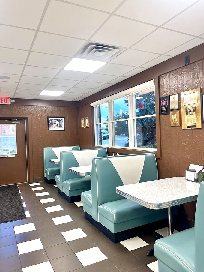 Retro turquoise booths invite you to sit a spell, making Bill's not just a donut shop but a time machine to simpler, sweeter days.