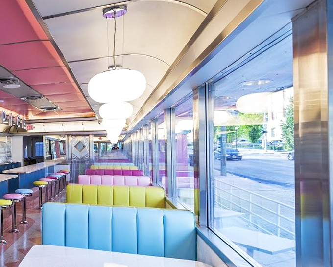 Booths in candy-store colors invite you to slide in and stay awhile &ndash; calories don't count when you're sitting on turquoise vinyl.