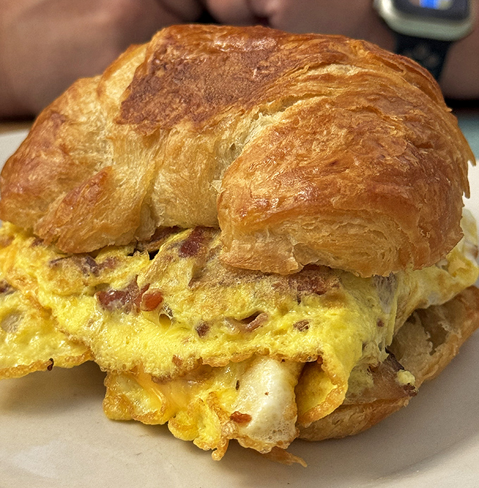 This breakfast croissant sandwich doesn't just break the fast – it demolishes it with layers of egg and cheese.