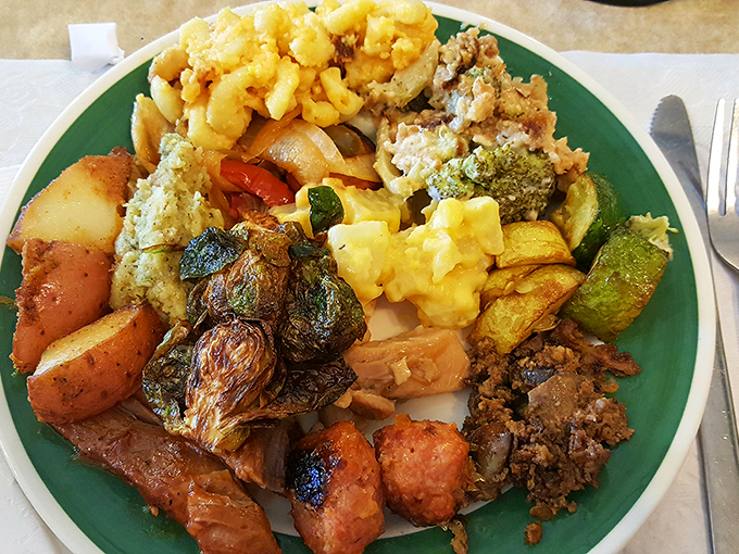 A buffet plate that tells the story of indecision – when everything looks so good, the only reasonable choice is to try it all.