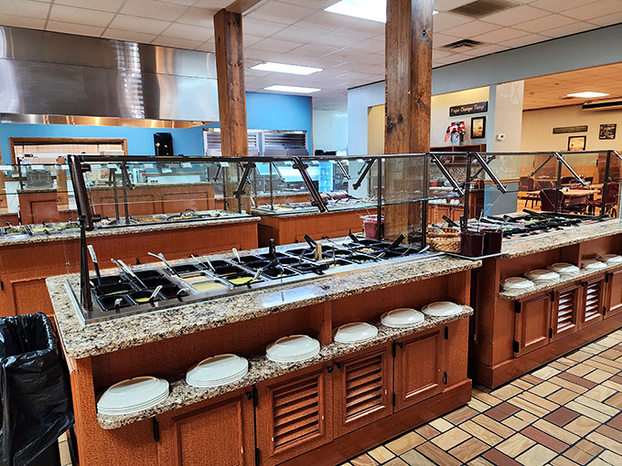 The buffet stations stand at attention like culinary soldiers, ready to serve up second and third helpings without an ounce of judgment.