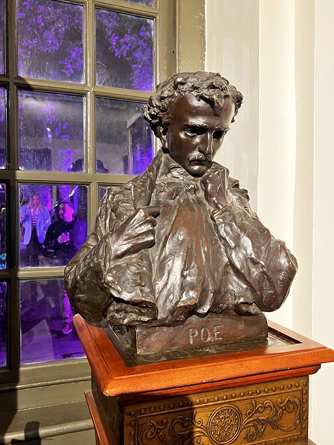 This bronze bust captures Poe's intensity perfectly, those brooding eyes seeming to follow curious visitors throughout.