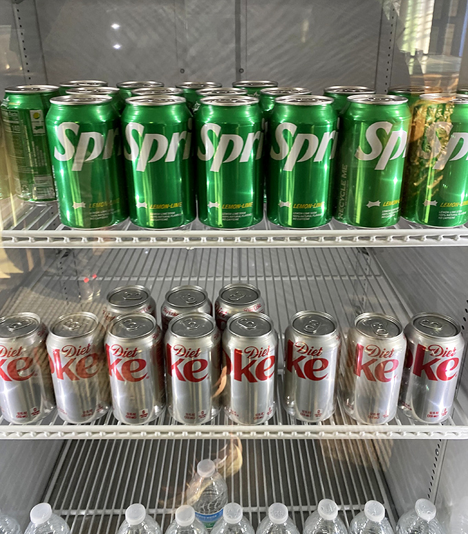 Even the beverage cooler maintains the blue and white color scheme &ndash; though I suspect ancient Greeks weren't reaching for Diet Coke after their souvlaki.