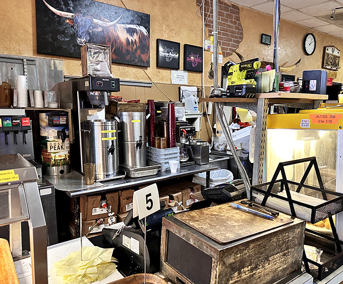 The coffee station and register &ndash; where the aroma of fresh brew mingles with the satisfaction of knowing you're about to have a proper meal.
