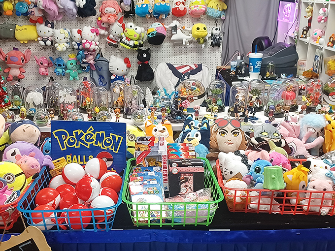 A plush toy United Nations where Hello Kitty and Pokémon peacefully coexist, waiting to be adopted into loving homes or grandparents' gift bags.