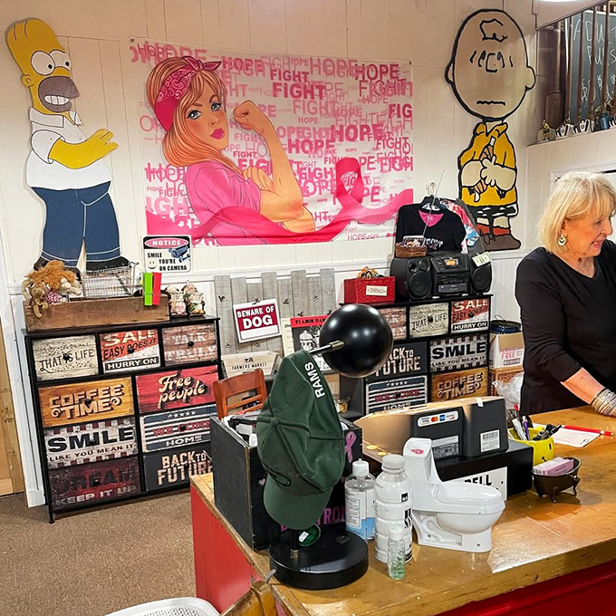 The checkout counter serves as mission control, where cartoon characters oversee your transition from browser to buyer.