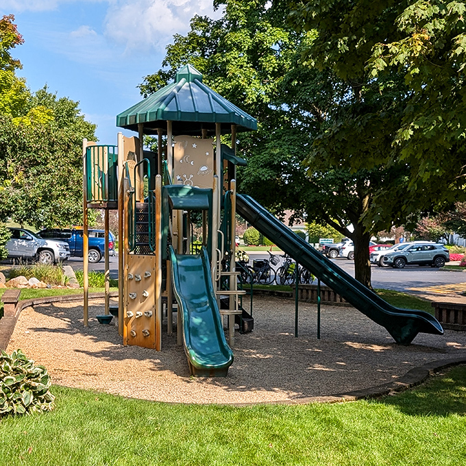 A playground that gives kids a chance to burn energy while parents strategize how to fit in one more slice of pie before heading home.