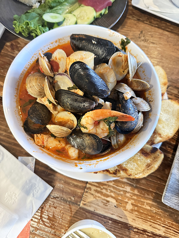 A cioppino that would make Italian fishermen weep with joy. Mussels, clams, and shrimp swimming in tomato broth&mdash;it's like the United Nations of seafood.