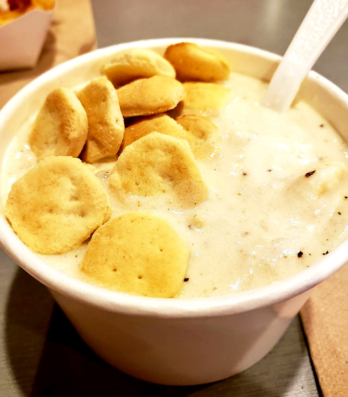 Clam chowder so creamy it should be illegal in seven states. Those oyster crackers aren't garnish—they're little lifeboats of joy.