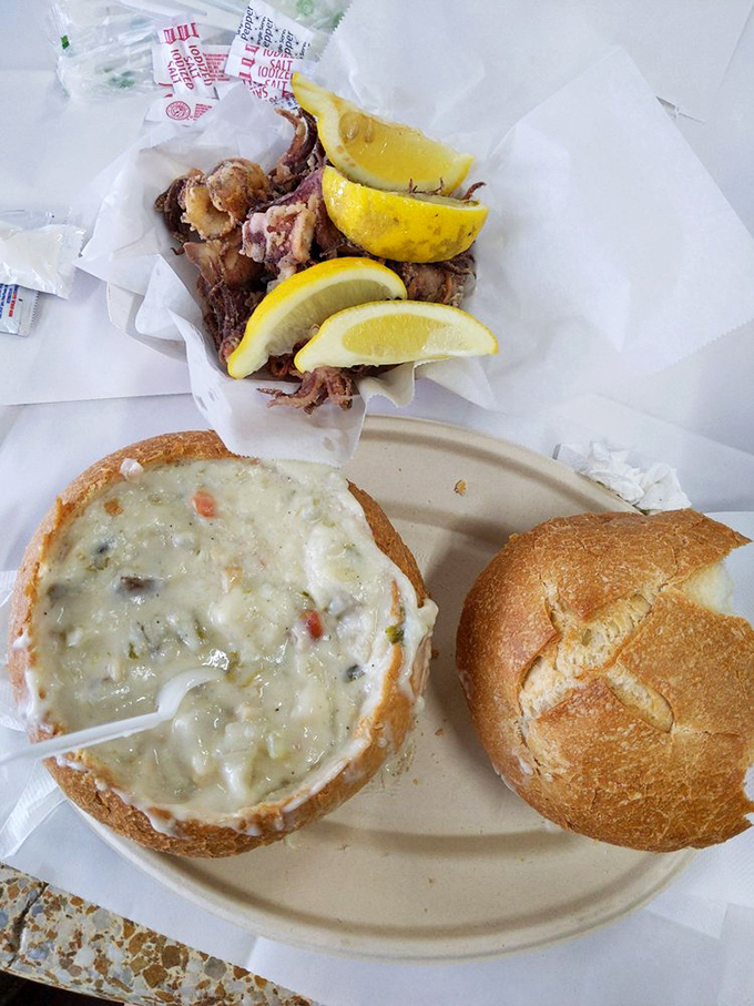 Clam chowder in a sourdough bread bowl—the ultimate edible dishware innovation. San Francisco's gift to anyone who appreciates genius.