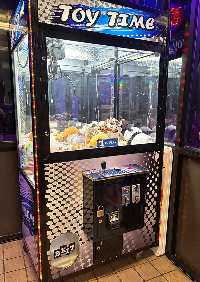 The claw machine adds a touch of arcade nostalgia, offering stuffed-animal dreams to kids and kids-at-heart between coffee refills.