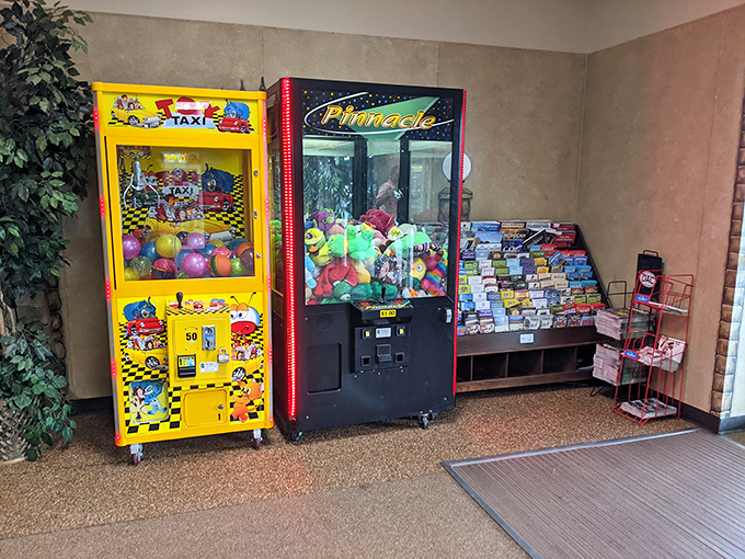 Arcade games and toy dispensers stand ready to entertain children while parents contemplate whether they really need that decorative rooster for the kitchen.