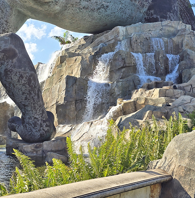 Cascading waterfalls add movement and music to complement the frozen action above your head.