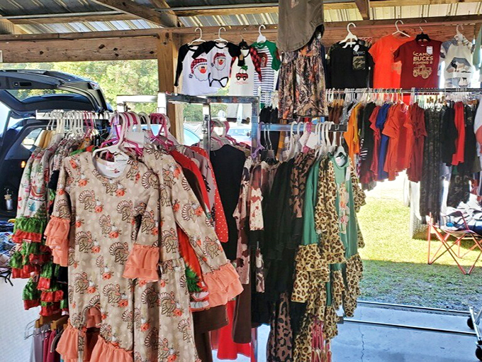 The clothing section: where fashion comes full circle. Yesterday's styles hang patiently, waiting for the moment when retro becomes the new cutting-edge once again.