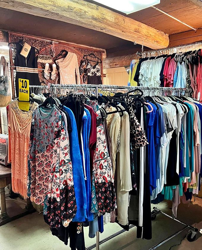 Vintage clothing heaven awaits inside this rustic stall. At $10 each, these pieces prove style doesn't have to break the bank!