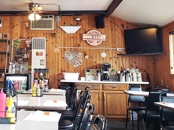 The coffee station corner&mdash;where morning ambitions meet afternoon reality. Simple pleasures in a wood-paneled sanctuary of caffeine and comfort.