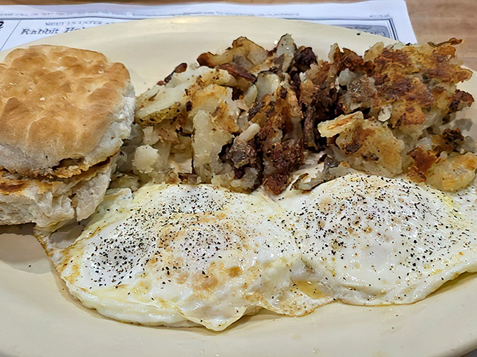 Perfect sunny-side up eggs with crispy home fries &ndash; the breakfast equivalent of hitting every green light on your morning commute.