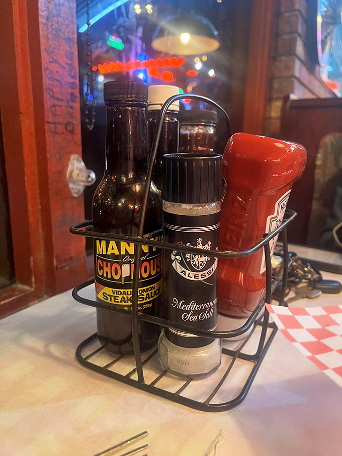 The condiment caddy&mdash;unsung hero of the table. That steak sauce isn't just condiment; it's liquid potential waiting to enhance your already perfect meal.