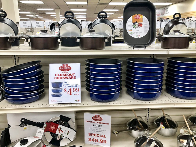 Roasting pans stacked high, ready to handle everything from Sunday dinners to Thanksgiving turkey emergencies and beyond.