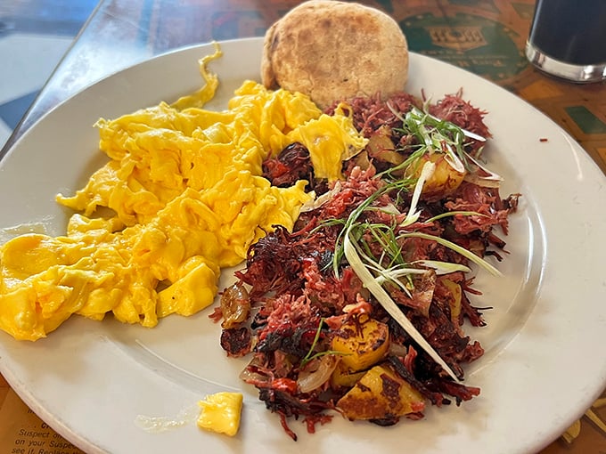 This corned beef hash plate showcases the kitchen's talent for turning humble ingredients into a symphony of textures and flavors.
