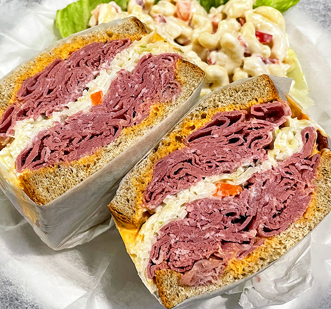 This corned beef sandwich doesn't just have layers&mdash;it has geological strata of meat that archaeologists would need permits to excavate.