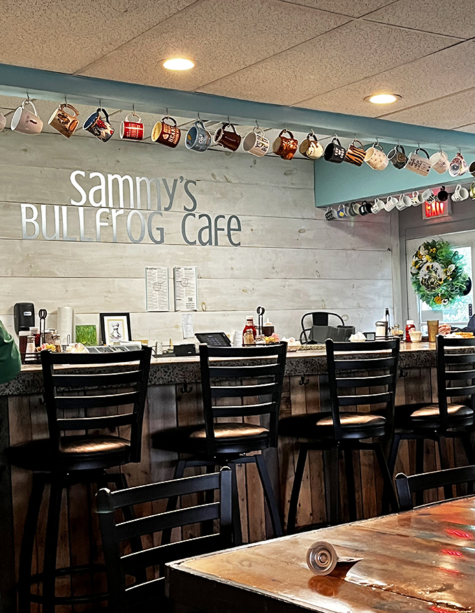 Counter seating where breakfast dreams come true, complete with the coffee mug collection that would make any caffeine enthusiast weep with joy. 