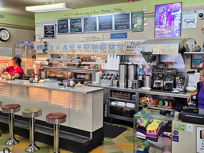 The counter and open kitchen invite you to watch the choreography of short-order cooking. Better than any cooking show on TV.