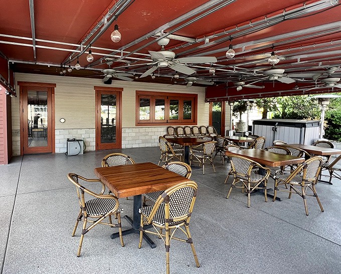 The covered patio offers al fresco dining without the "fresco" part going sideways&mdash;protection from the elements while still feeling connected to the outdoors. 
