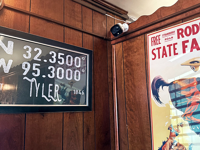 Tyler, Texas coordinates on the wall remind you of this BBQ's spiritual homeland. A compass pointing to the source of smoky inspiration.