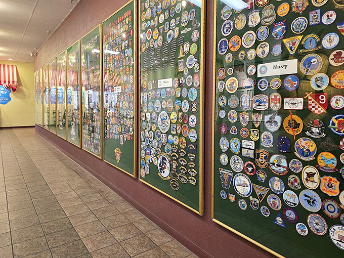 Military patches displayed with pride&mdash;a quiet reminder that in Branson, patriotism is always on the menu alongside the comfort food.