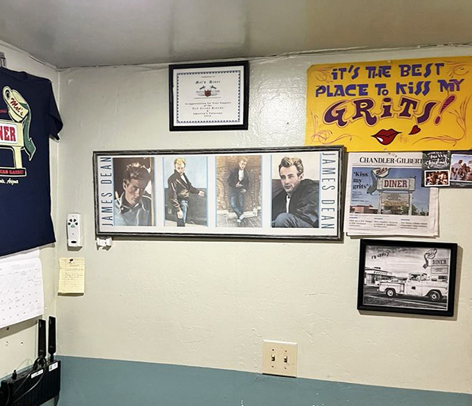 Wall decor that tells stories&mdash;including a nod to James Dean, reminding us that diners have always been where rebels find refuge.