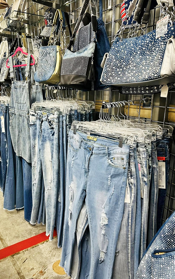 Denim heaven where jeans and handbags unite in blue harmony. The distressed look without the distressing prices—what's not to love?