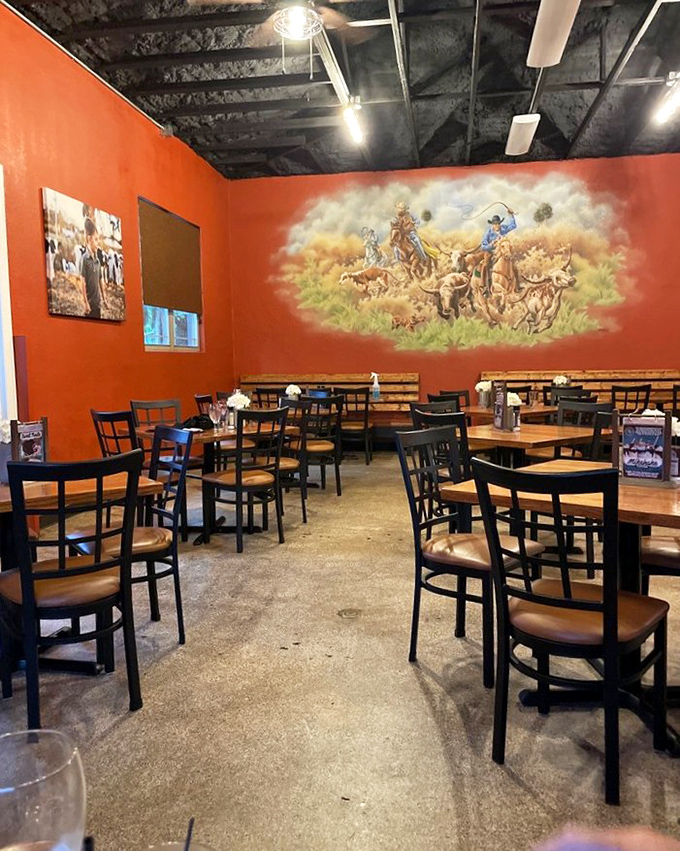 The dining room's rustic charm and that spectacular cattle drive mural transport you to the Wild West, fork and knife in hand.