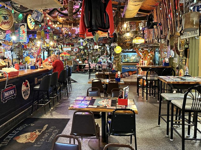 The dining area isn't just a room&mdash;it's a carefully curated collection of decades of fishing culture, beer signs, and Midwestern memories.