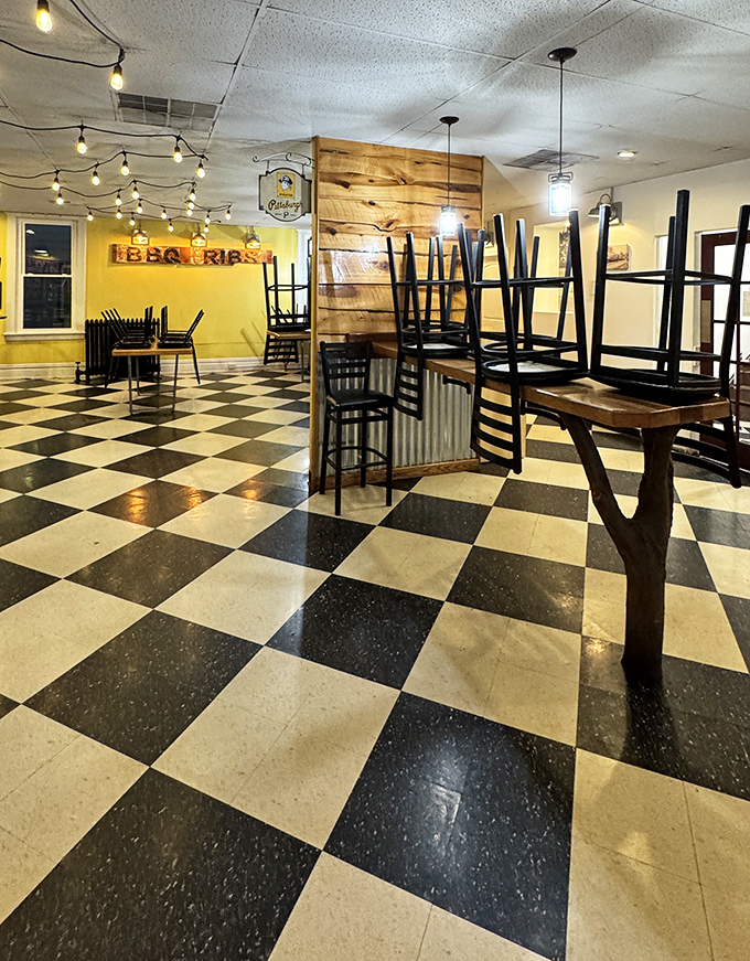 The dining area after hours&mdash;empty chairs waiting for tomorrow's lucky diners like a theater between performances.