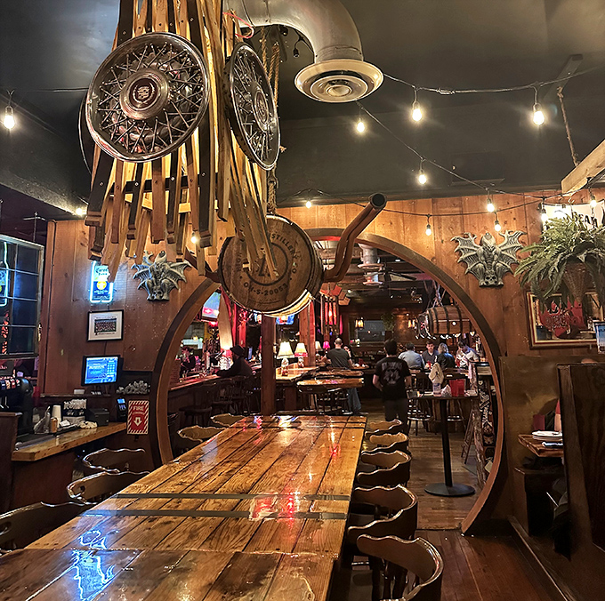 Wooden arches frame the dining space like cathedral windows, giving pizza the reverent setting it truly deserves.