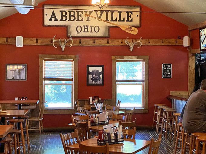 The "Abbeyville" dining room&mdash;where BBQ prayers are answered daily. Those wooden chairs have supported countless satisfied customers through epic meals.