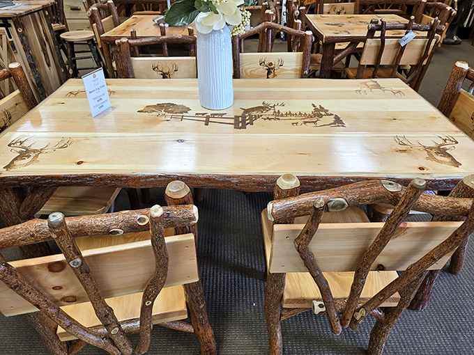 Rustic dining furniture that whispers "family gatherings" and shouts "I chopped down trees with my bare hands" simultaneously.