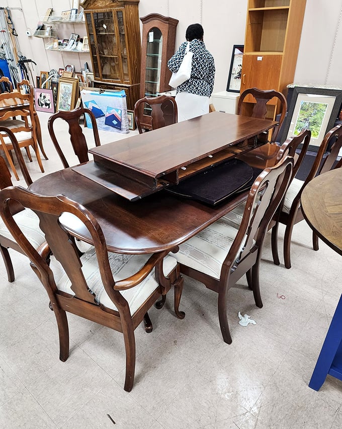 This dining table has hosted countless family meals and is ready for yours&mdash;solid wood craftsmanship that's outlasted several furniture trends.