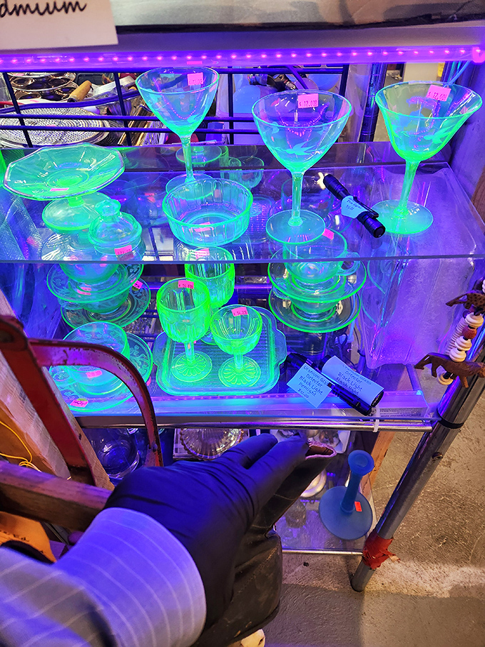 Uranium glass cocktail sets glowing under blacklight &ndash; midcentury modern meets sci-fi chic in these conversation pieces that practically pour themselves.