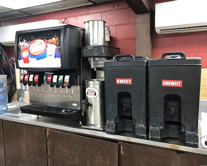 The drink station: where sweet tea flows like liquid gold and the unsweet option exists purely as a courtesy to northerners.