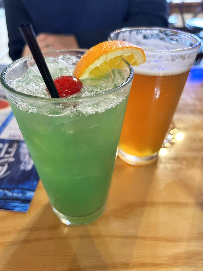 Nothing complements seafood like colorful libations. That vibrant green cocktail and golden beer are like a sunset over water&mdash;refreshing and necessary.
