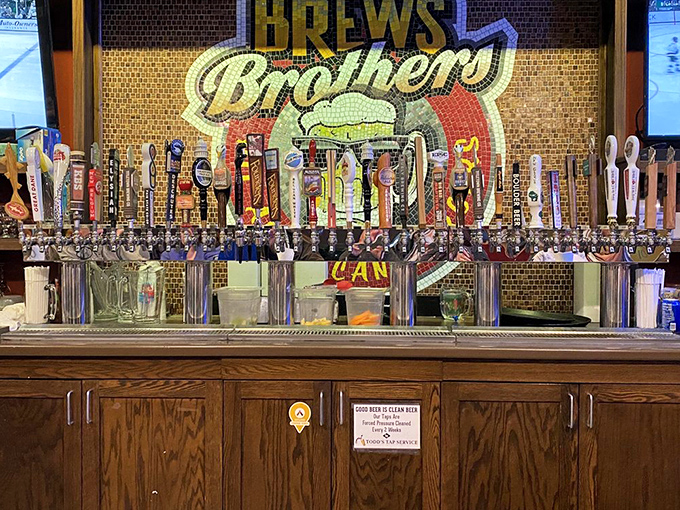 The tap wall &ndash; a liquid library where hoppy stories and malty tales await, each handle a different chapter in your evening's adventure.