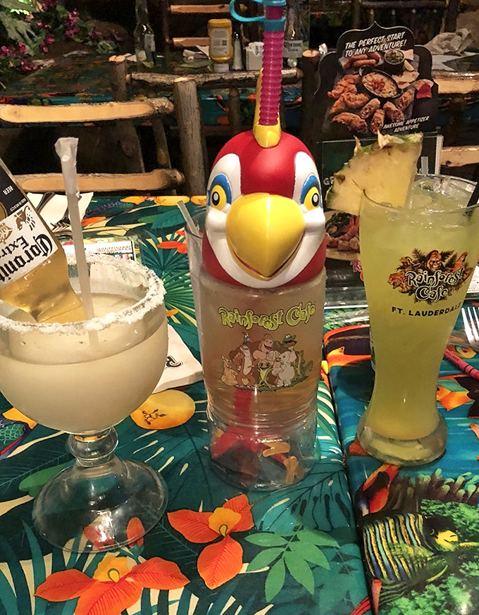 Specialty drinks arrive in vessels that would make Carmen Miranda's hat look understated&mdash;complete with plastic wildlife supervision.