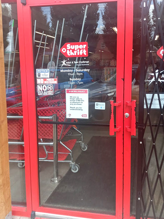 The entrance reveals SuperThrift's hours and policies &ndash; the gateway to treasure hunting seven days a week.